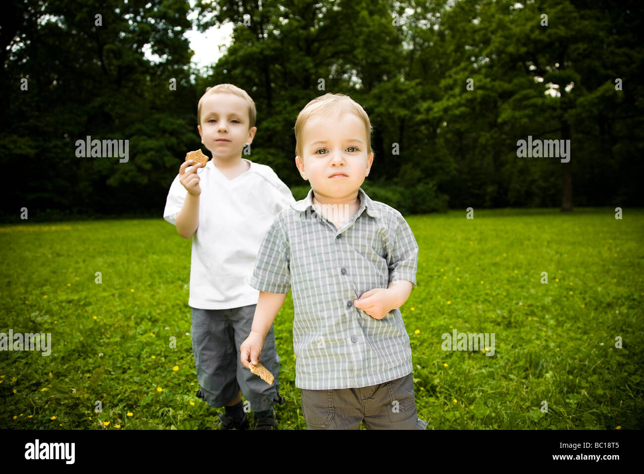Outdoors Lunch Two Brothers On The Meadow Stock Photo - Alamy