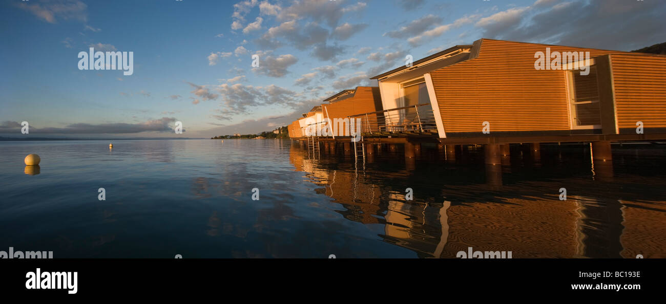 Switzerland, Jura, Neuchatel, Palafitte hotel built on the Lake, by the ...