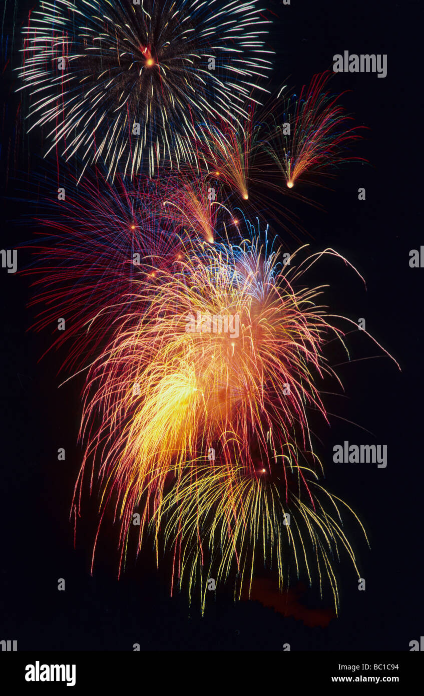 fireworks sky explode color spread flame spark rocket aerial Stock ...