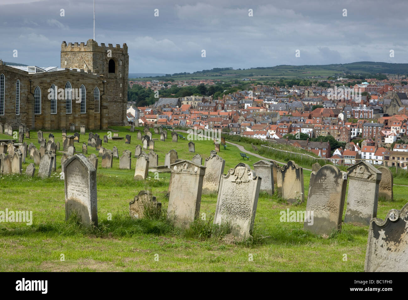St Mary's Church sits on the east cliff overlooking the town of Whitby ...