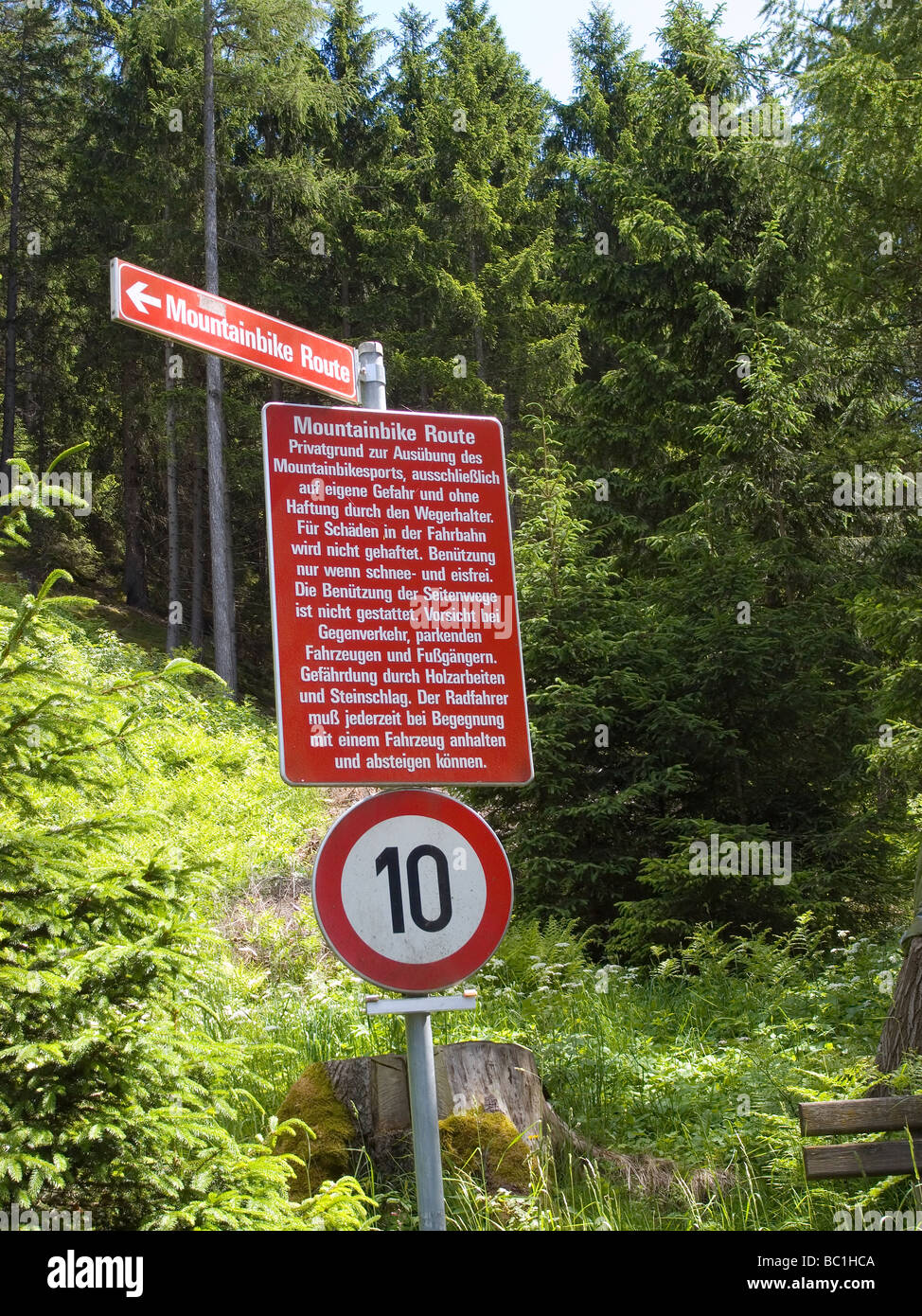 Signpost with route restrictions for mountain bikers in the Austrian ...