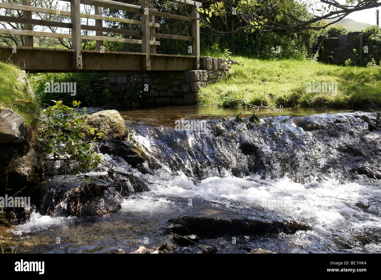 Footbridge and stream, Snowdonia national park, Wales near Tywyn Stock ...