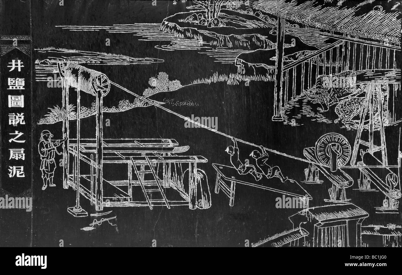 Illustration showing the traditional way to extract salt from brine ...