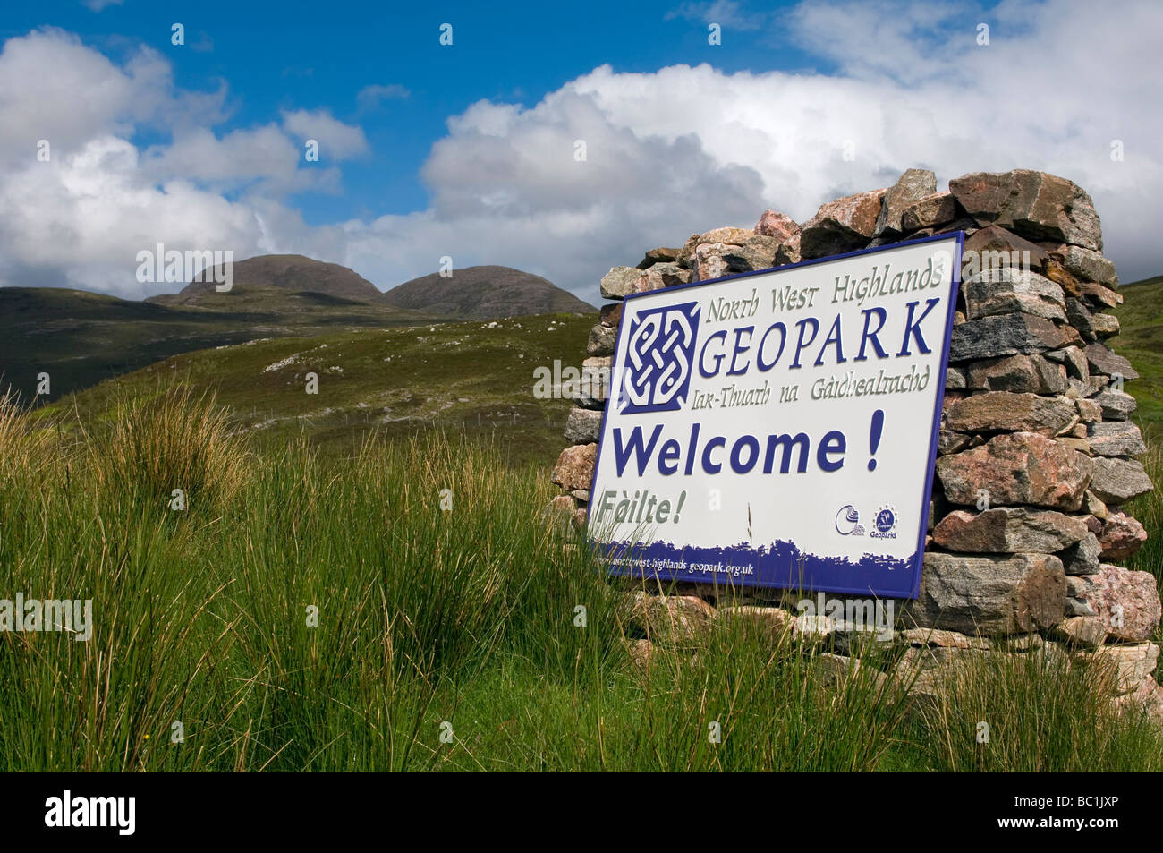 North West Highlands GEOPARK sign, Coigach, Highland Region, Scotland ...