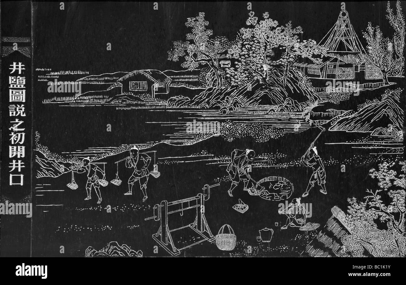 Illustration showing the traditional way to extract salt from brine ...