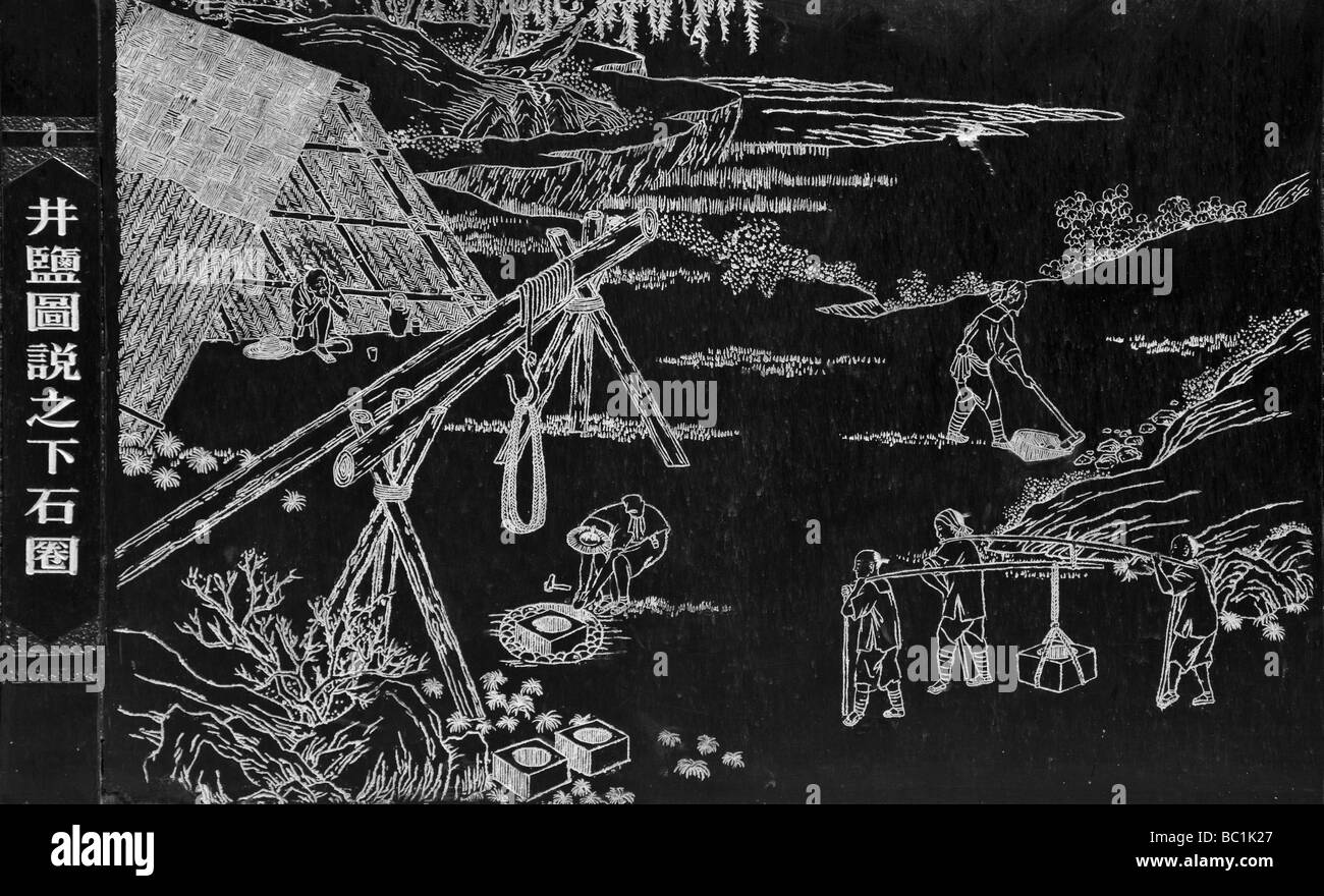 Illustration showing the traditional way to extract salt from brine ...