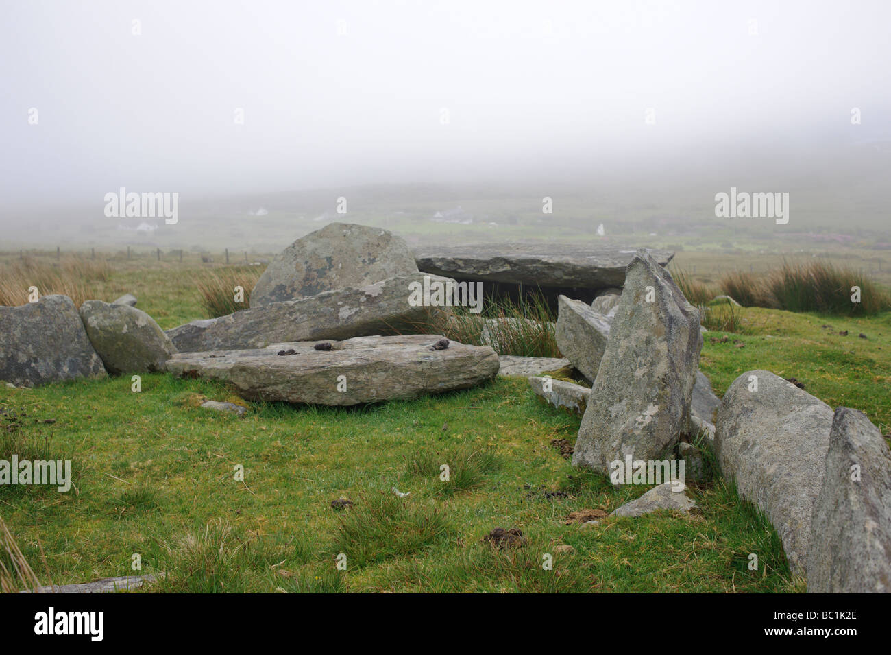 Megalithic tomb or tombs in fog on Achill Island County Mayo Republic ...