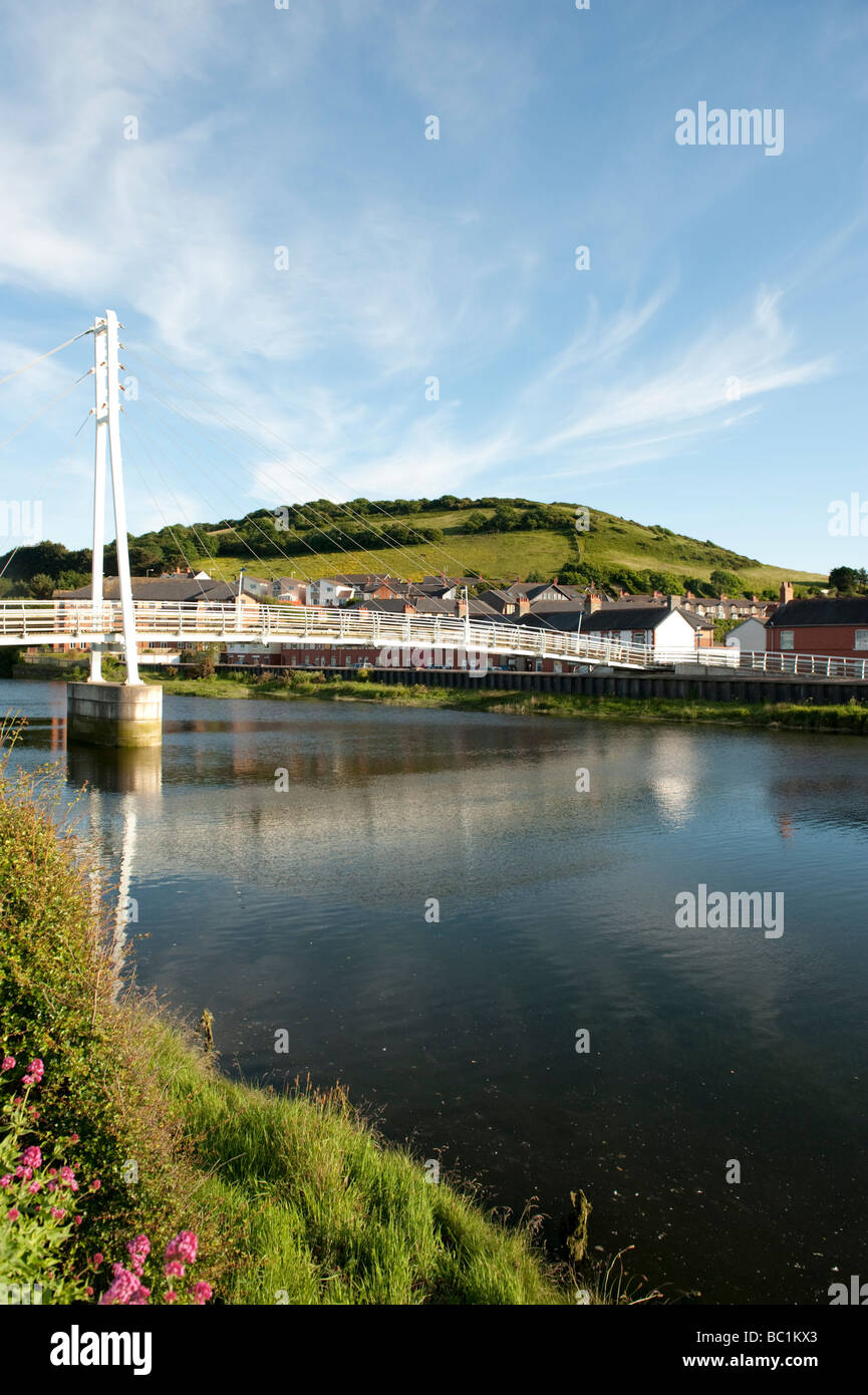 Pedestrian suspension footbridge ov er the river Rheidol Aberystwyth ...