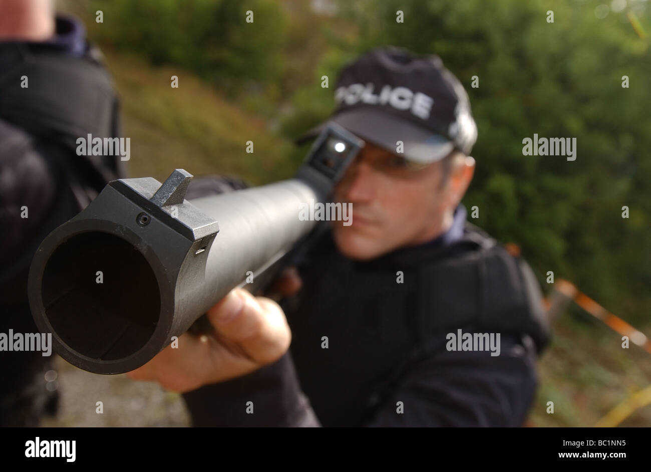 Humberside police officer demonstrates the the Heckler Koch L104 A1 ...