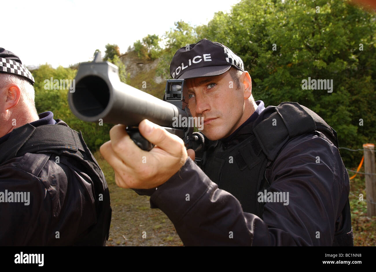 Humberside police officer demonstrates the the Heckler Koch L104 A1 ...