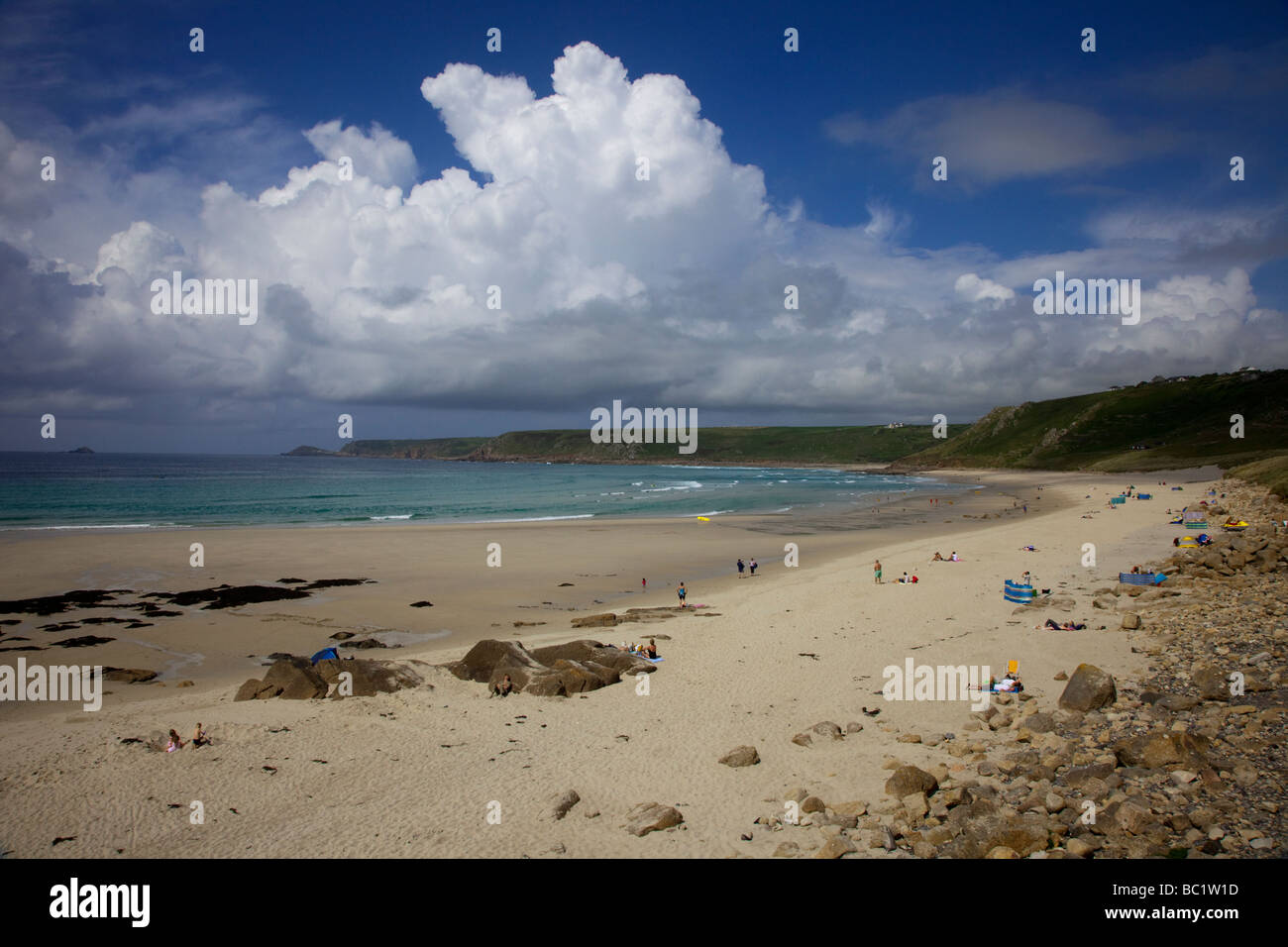 The wide sweep of Sennen Cove Beach in June; Whitsand Bay, Whitesands ...