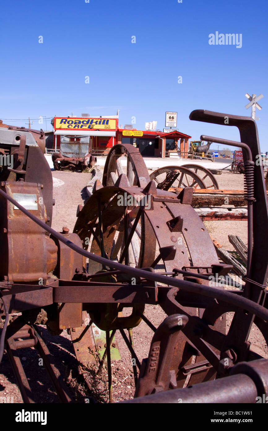 Old agricultural implements outside the Roadkill Cafe, Seligman, Route ...