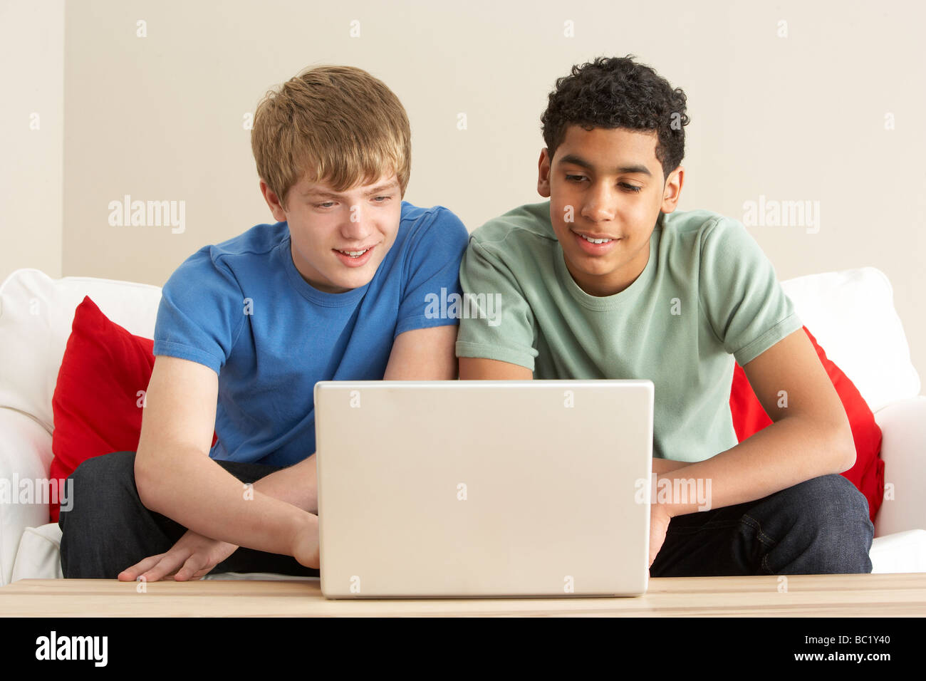 Two Boys Using Laptop At Home Stock Photo - Alamy