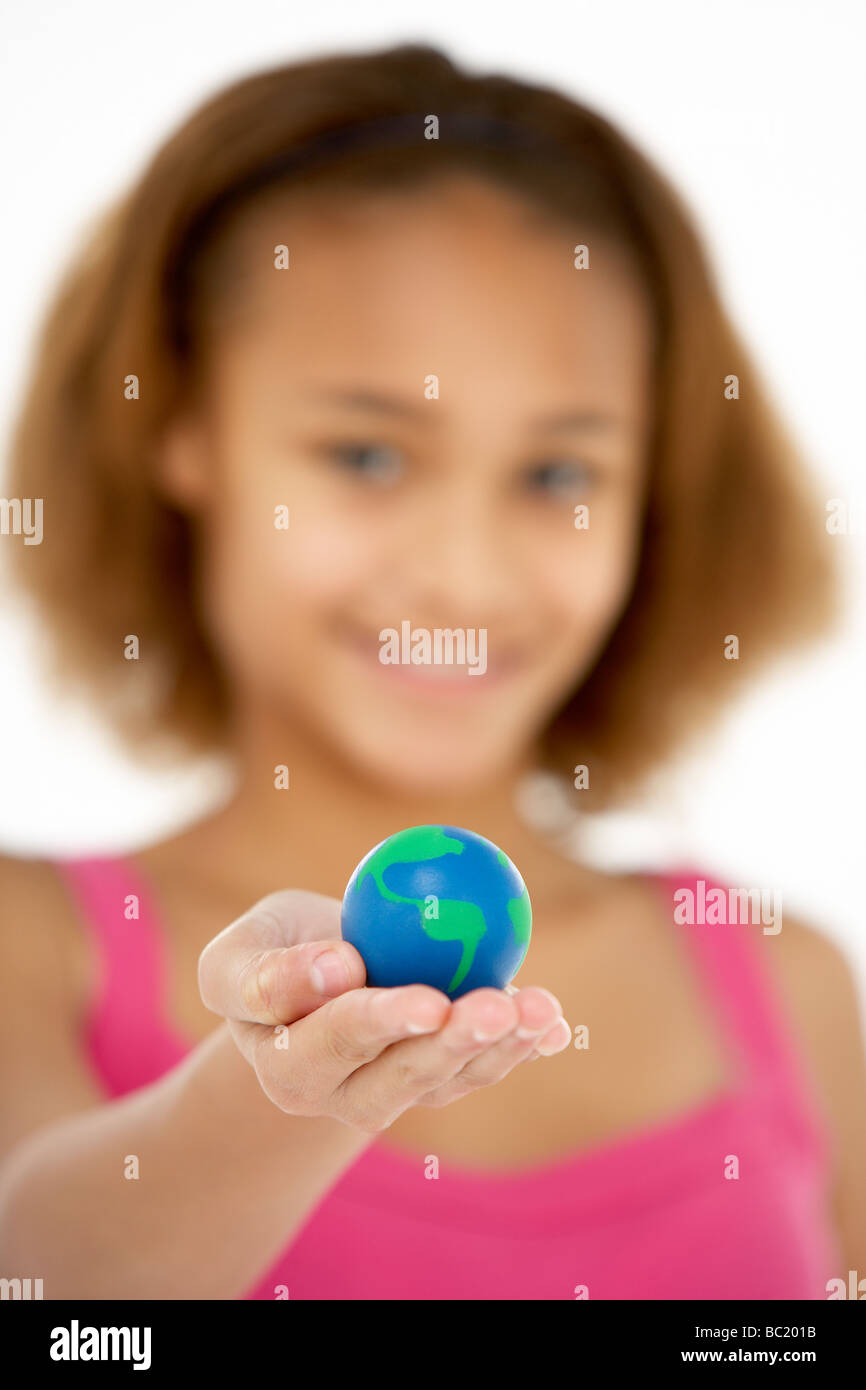 Young Girl Hoiding Small Globe Stock Photo - Alamy