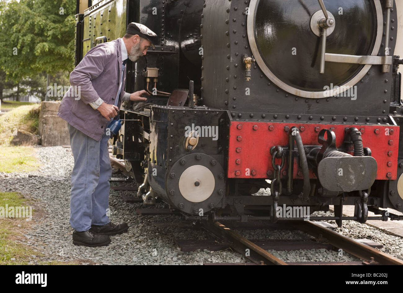 Volunteer Narrow Gauge steam engine driver carefully oils/lubricates ...