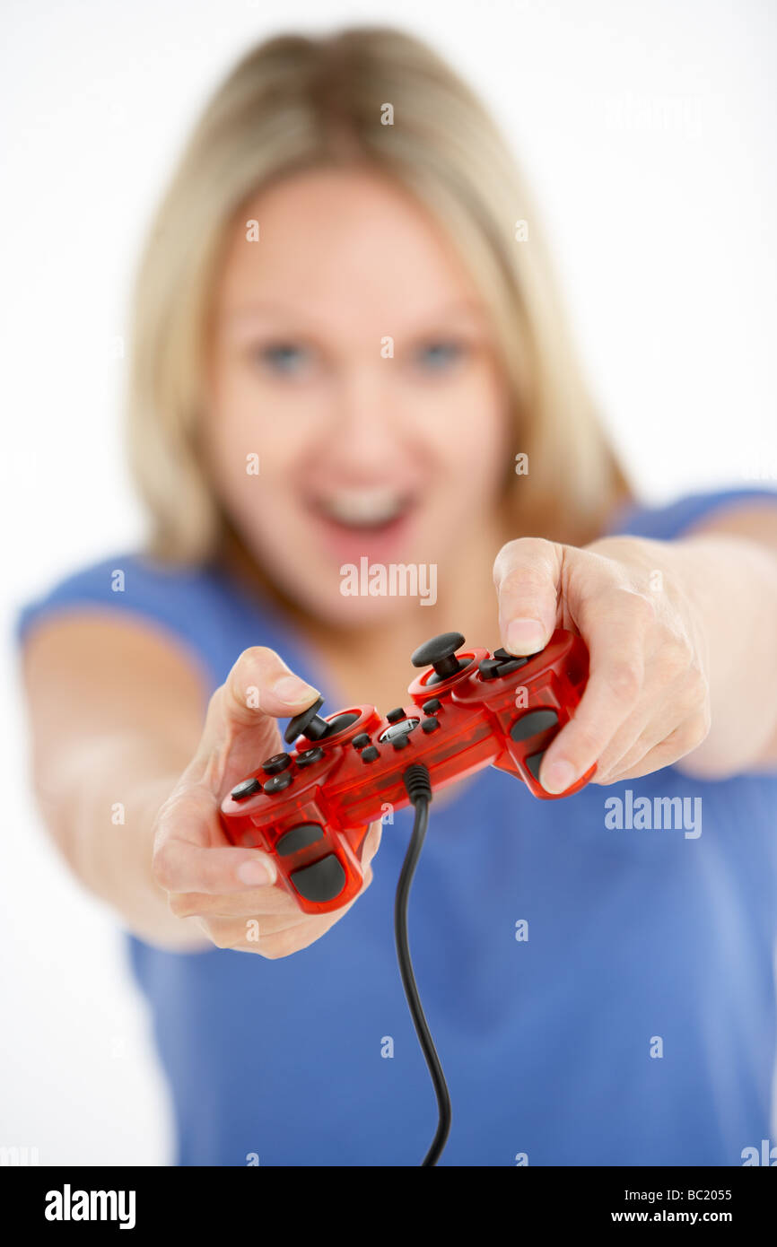 Blonde woman playing video games hi-res stock photography and images ...
