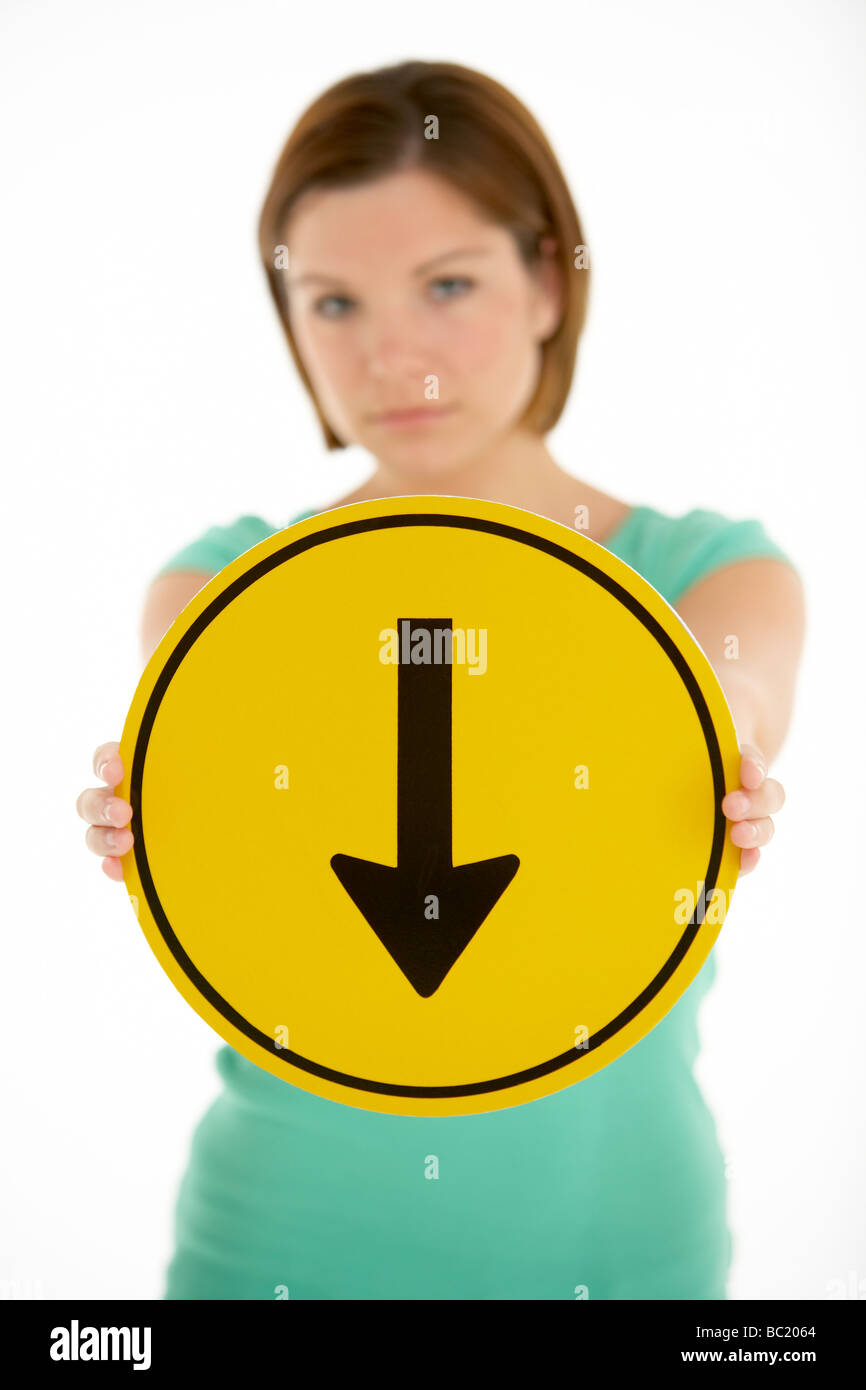 Woman Holding Road Traffic Sign Stock Photo - Alamy