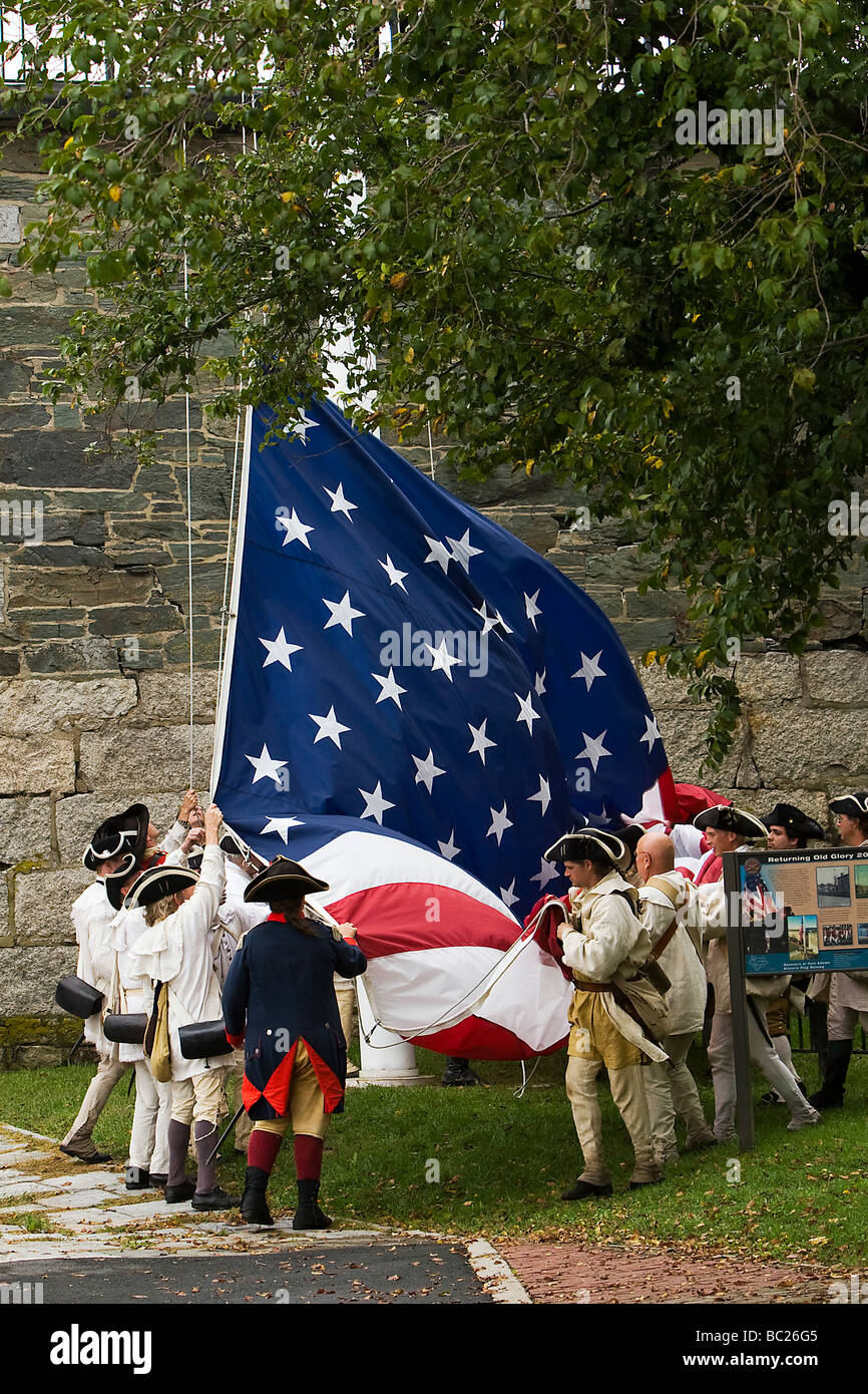 Flag lowering ceremony at Fort Adams in Newport, Rhode Island by men ...