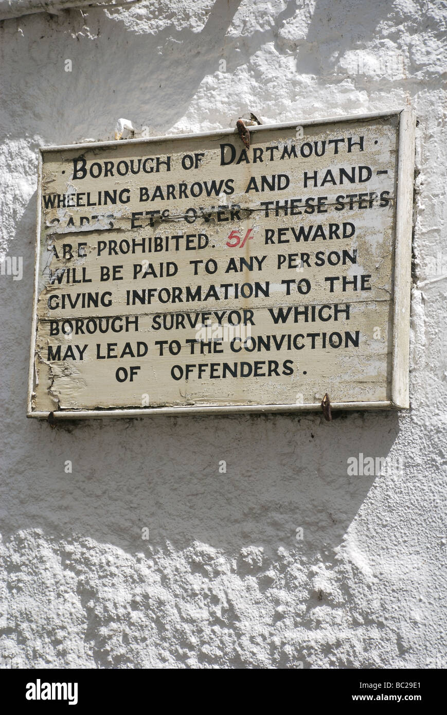 Old sign prohibiting wheelbarrows and carts on steps, Dartmouth, Devon ...