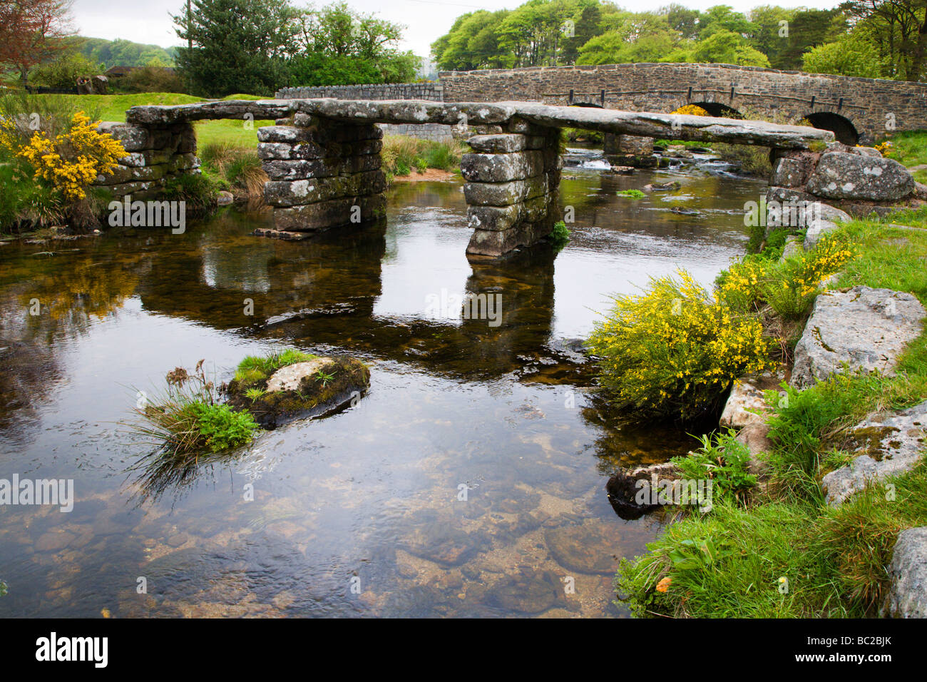 Clapper Bridge and Road Bridge Postbridge Devon England Stock Photo - Alamy
