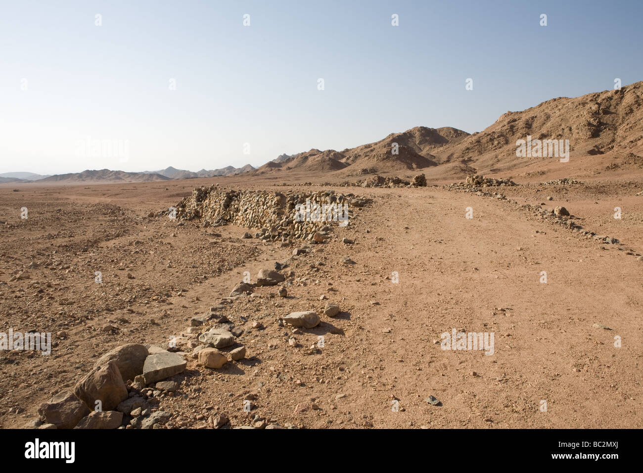 Panoramic shot of Roman built ramp-way in dry wadi bed in the Red Sea ...