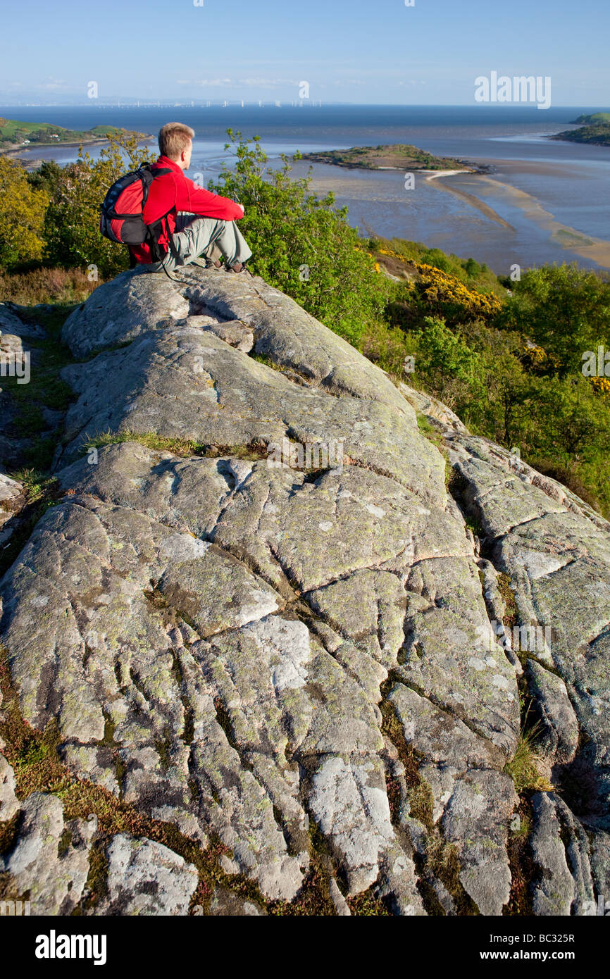 Hill walker on Mark Hill near Kippford looking out to Rough Island and ...