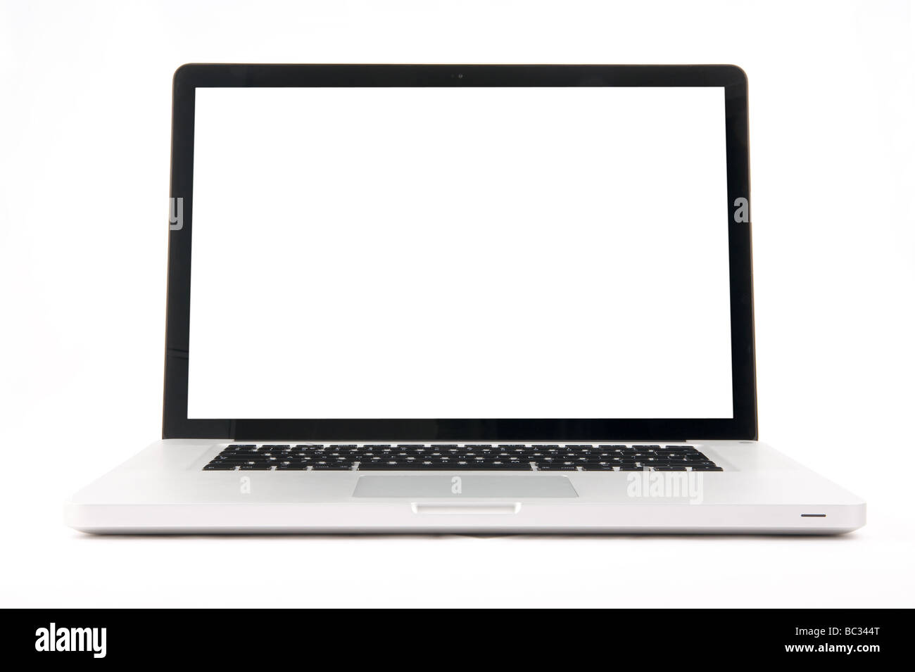 A silver laptop isolated against white background with blank screen ...