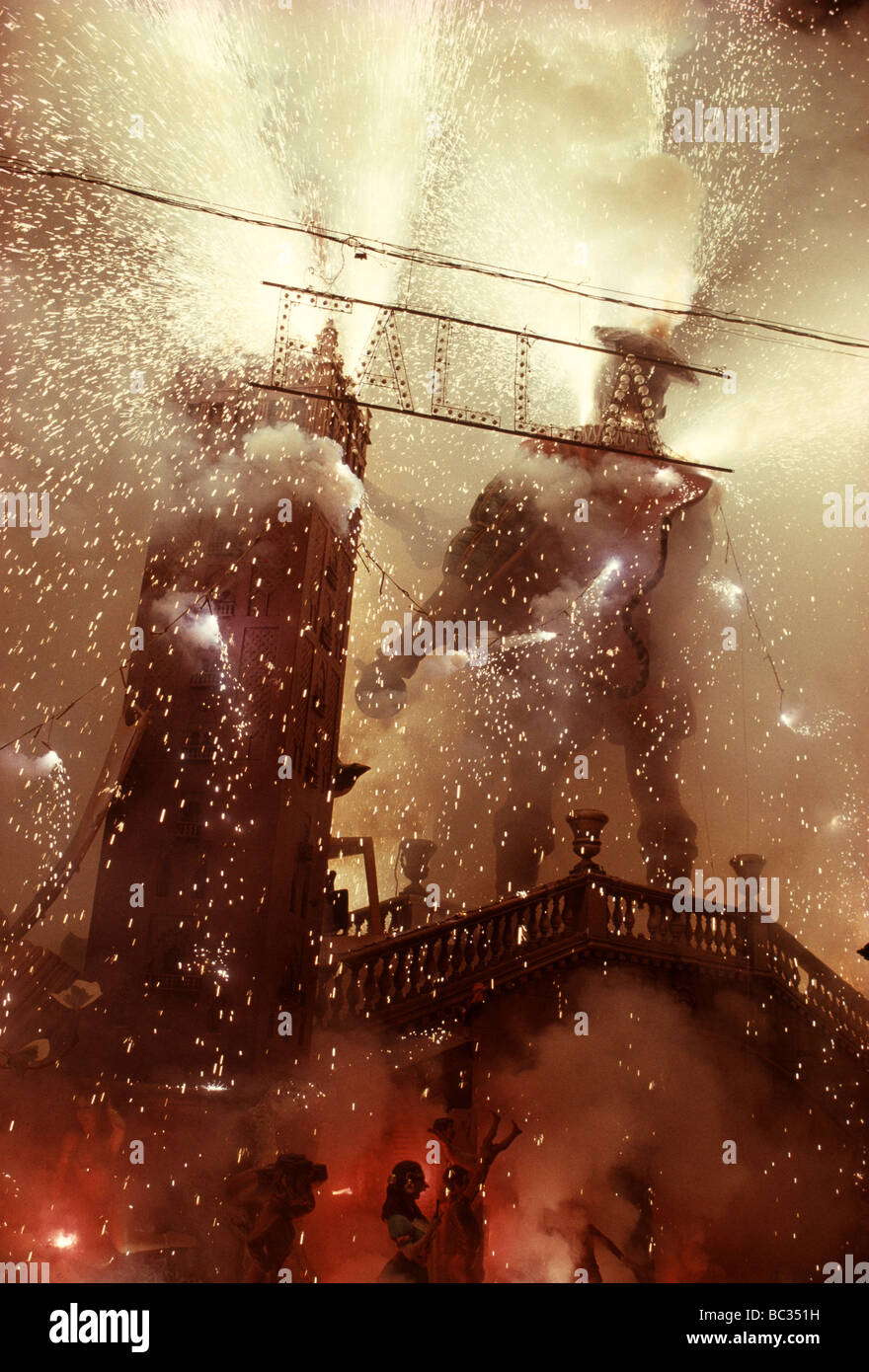 An effigy burning on the night of fire, Las Fallas, Valencia, Spain ...