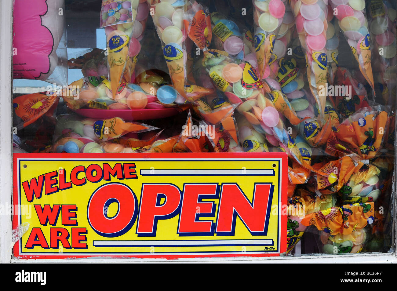 We are open sign in a sweet shop, Brighton, England Stock Photo - Alamy