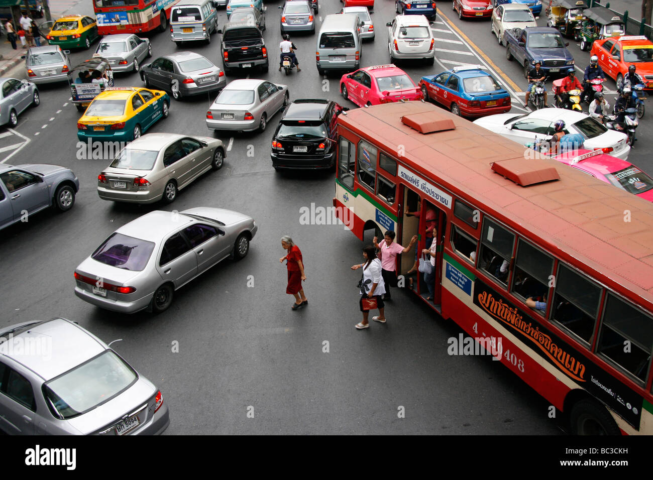 congested gridlocked rush hour traffic in Central Bangkok Thailand ...