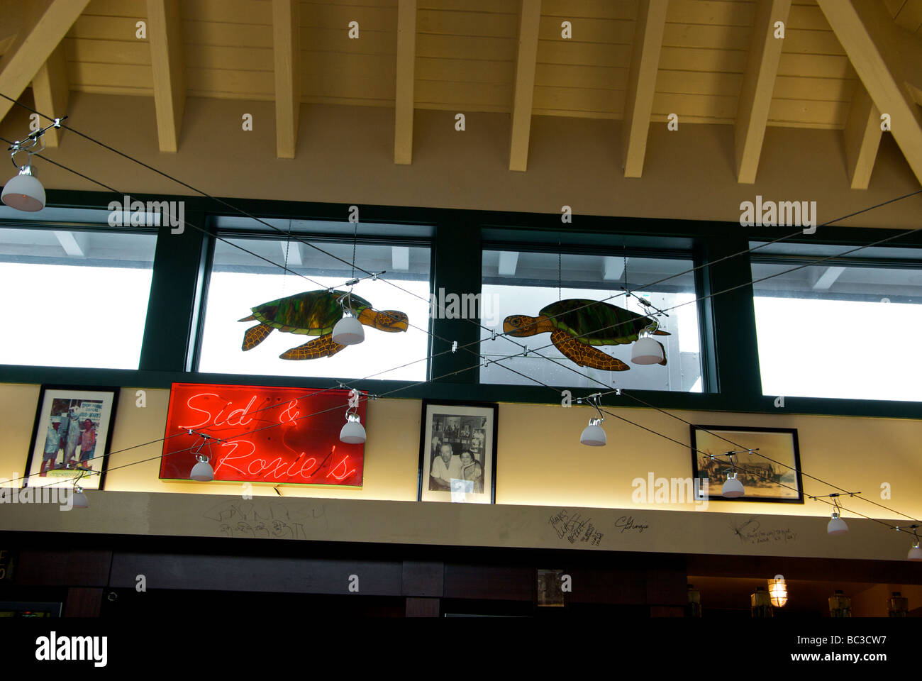 Stained glass green turtles in window of Sid and Roxies Inn restaurant ...