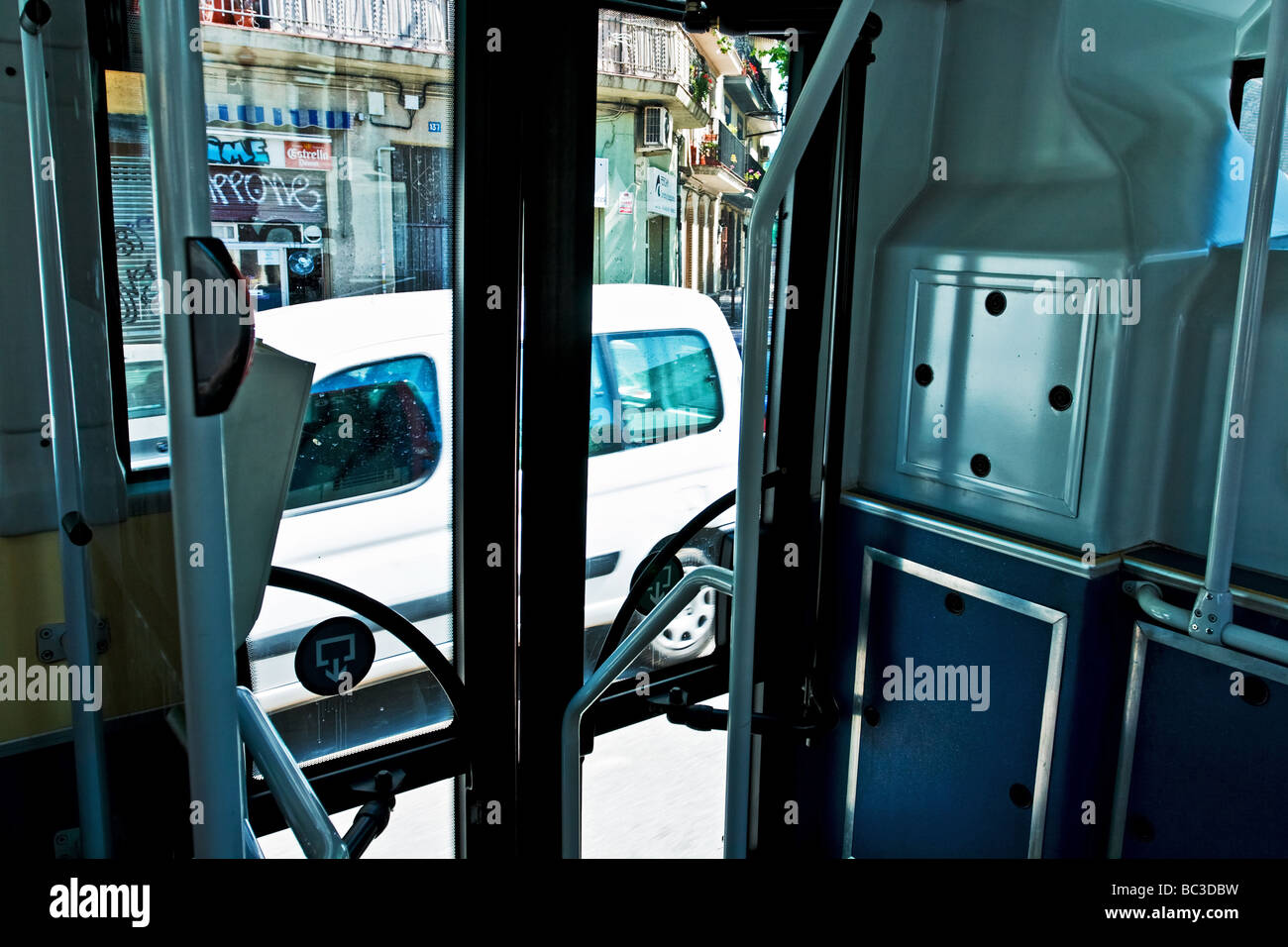 View from inside of Barcelona bus looking through glass doors Stock ...