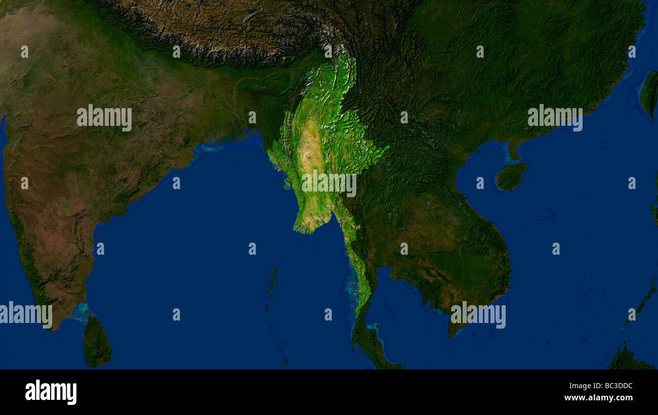 satellite image of myanmar with surrounding countries darkened Stock ...
