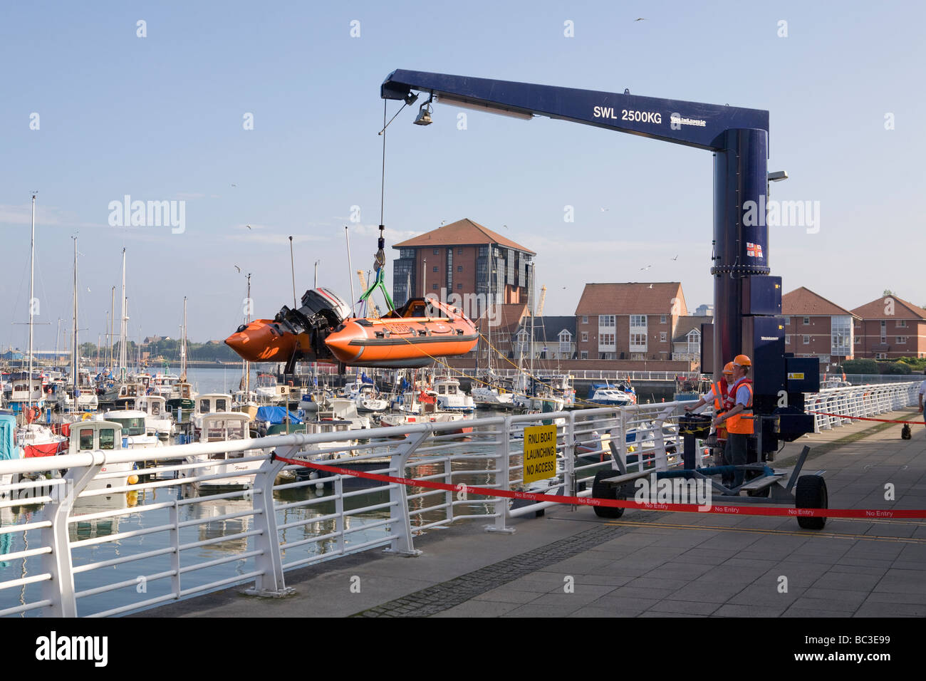 RNLI inflatable lifeboat being launched at Roker Marina, Sunderland ...