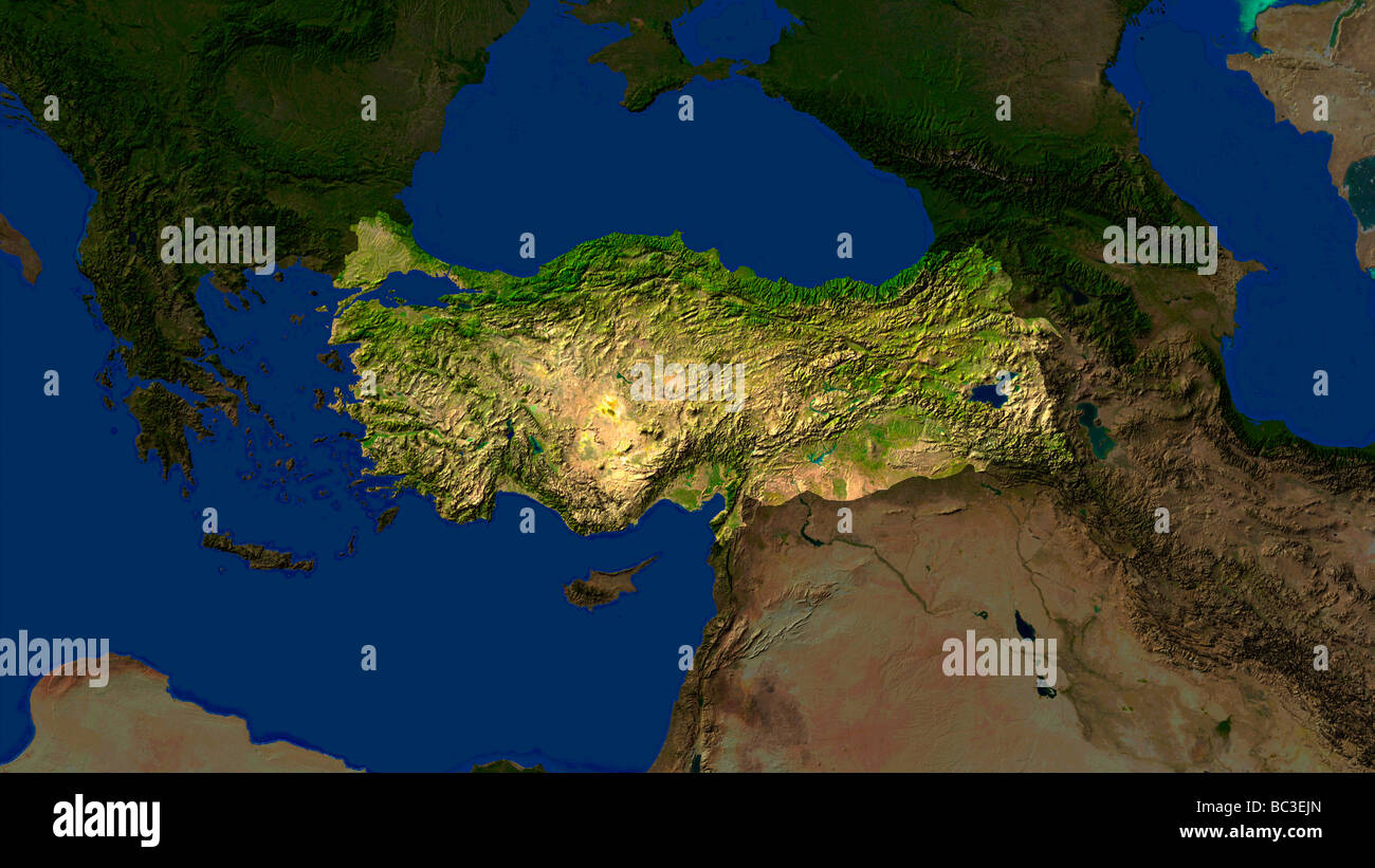 satellite image of turkey with surrounding countries darkened Stock ...