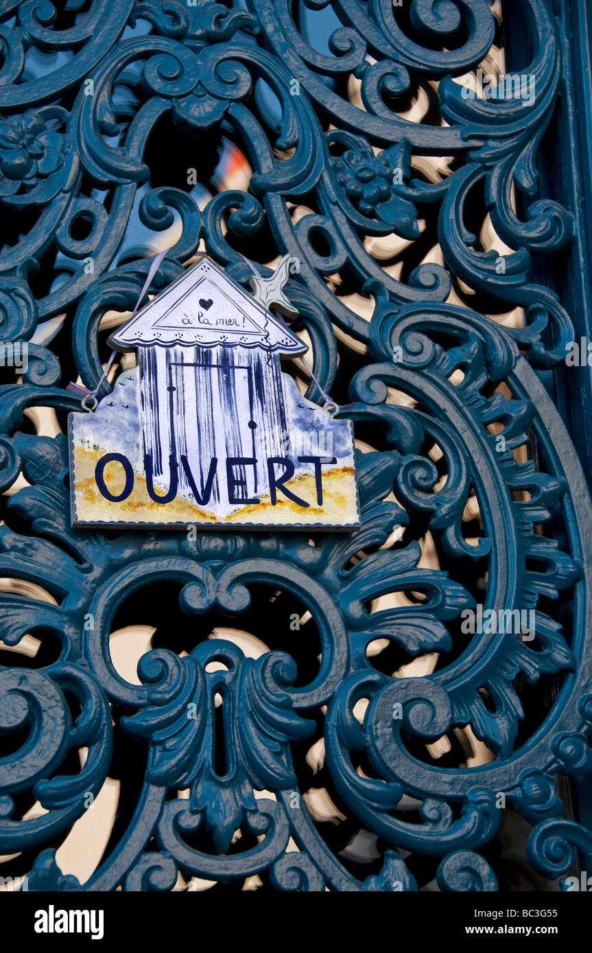 'Ouvert' sign on blue metal window shutter of Gite B+B in Northern ...