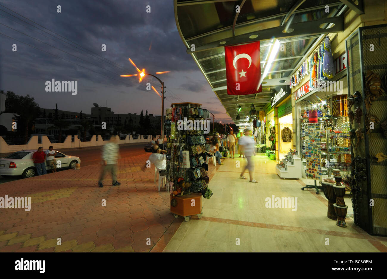 Street shops at night illumination. Kemer, Antalya, Turkey ...