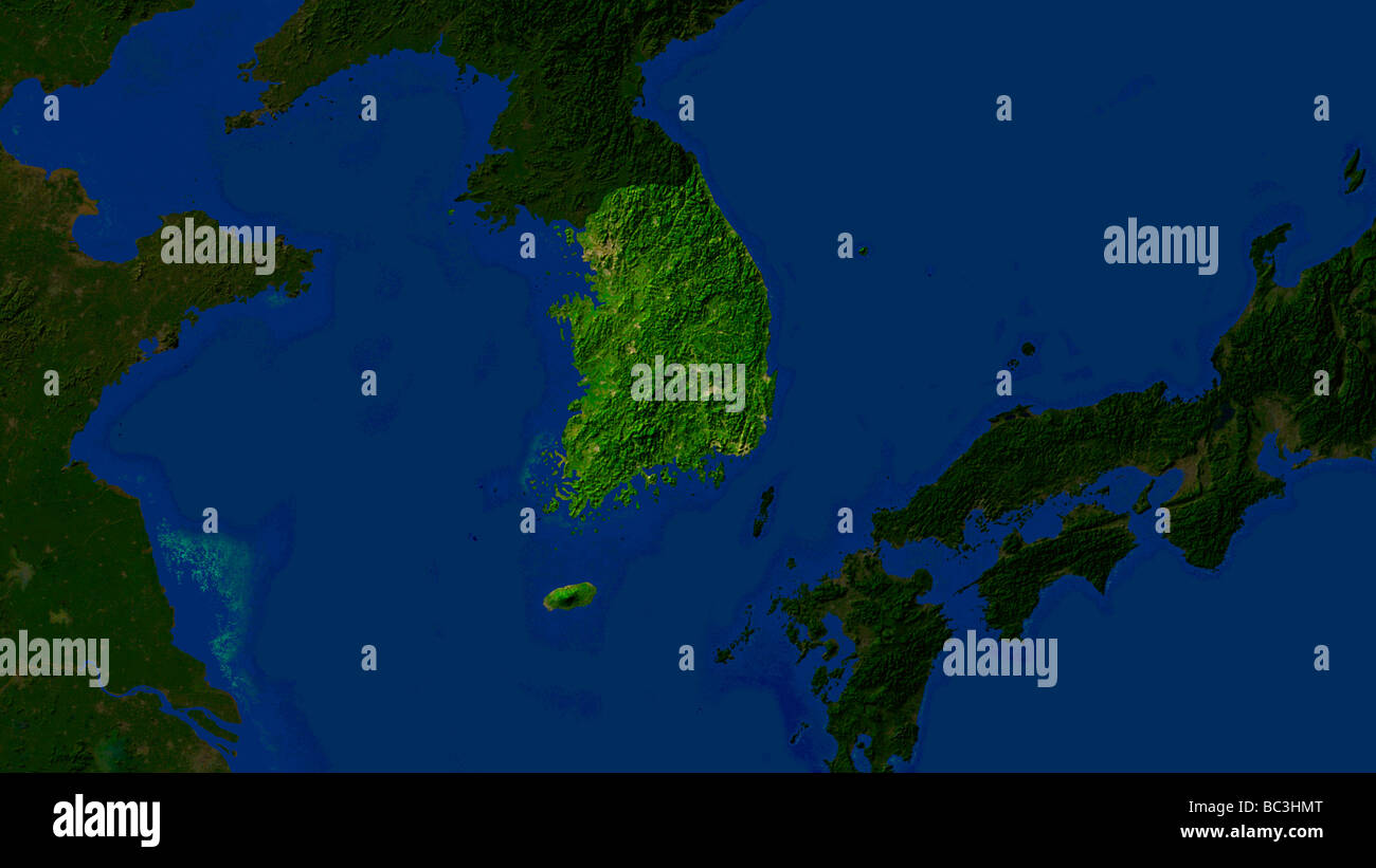 satellite image of south korea with surrounding countries darkened ...