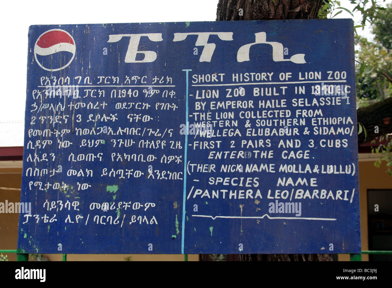 Sign (in English and Amharic) for Addis Ababa Lion Zoo in Ethiopia ...