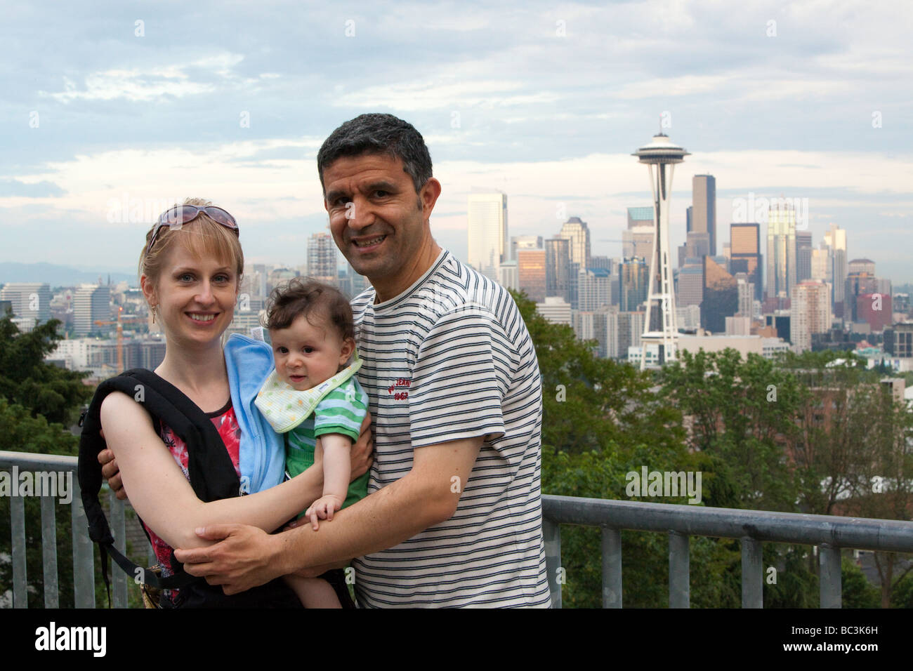 Family portrait with a view of Seattle skyline in the background Stock ...