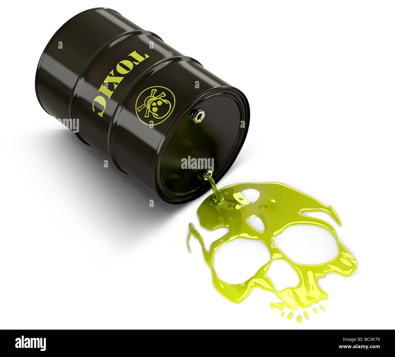 Barrel throwing toxic liquid (skull shaped pool Stock Photo - Alamy