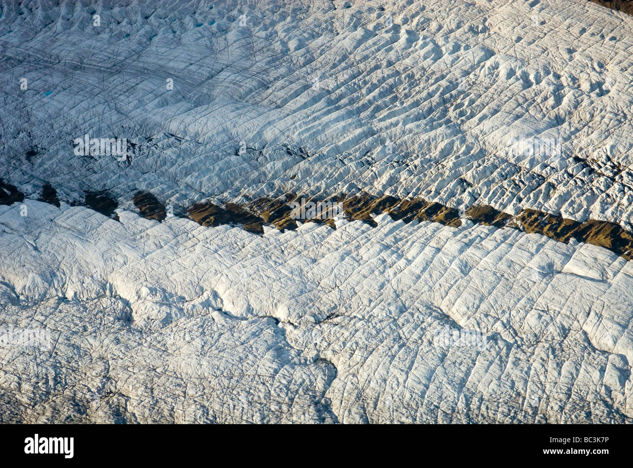 Aerial view of the Rohn Glacier flowing out of the Wrangell Mountains ...