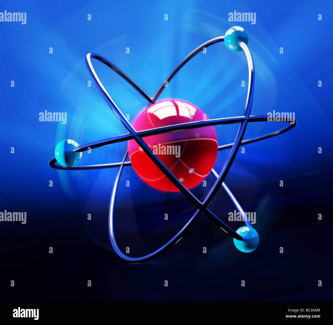 Abstract atom symbol over blue backdrop Stock Photo - Alamy