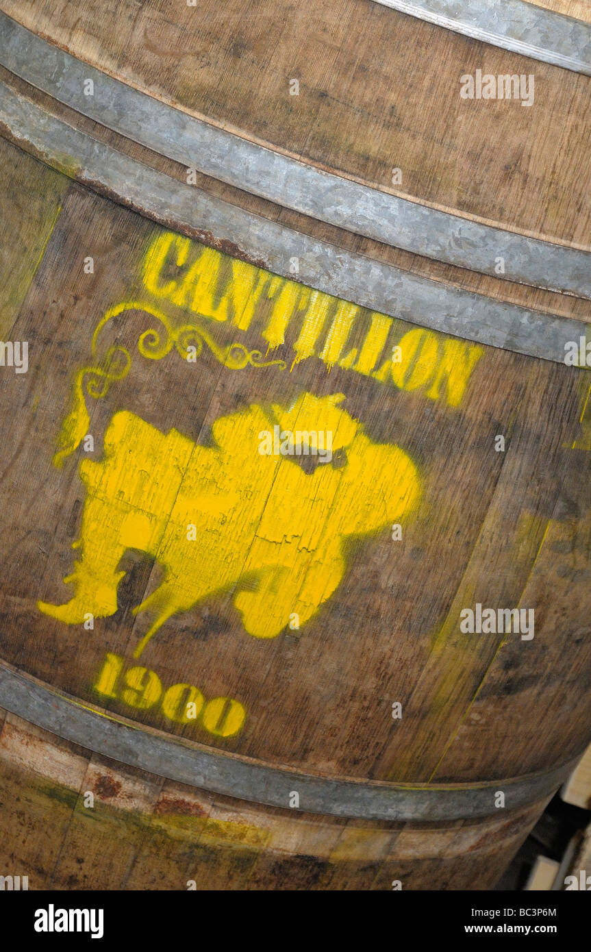 The famous yellow logo of the lambic brewery Cantillon in Brussels ...