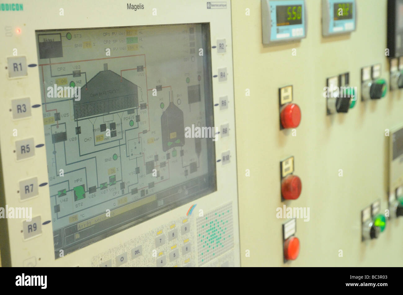 The computerised control panel for the Du Bocq brewery in Belgium Stock ...