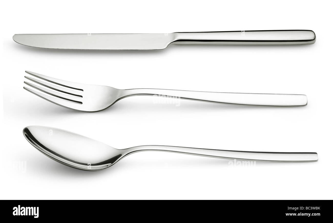 Stainless steel knife, fork and spoon isolated on white background with ...