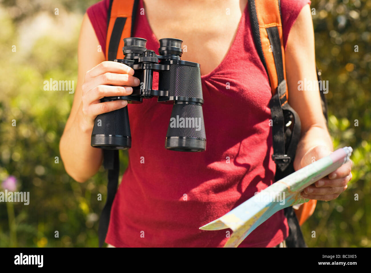 cropped view of female bird watcher holding binoculars and map Stock ...