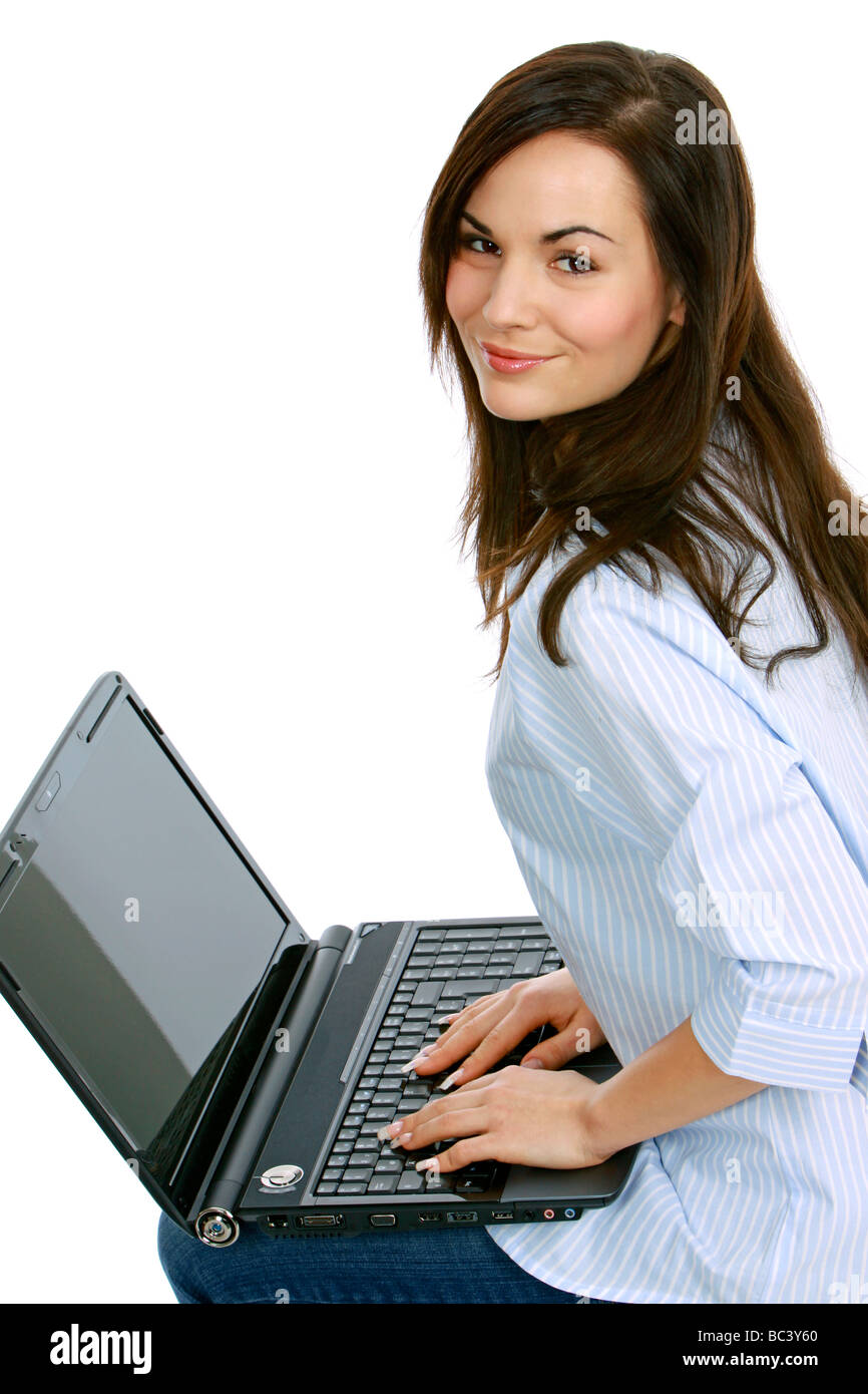 Junge Frau mit Laptop Young Woman on her Laptop Computer Stock Photo ...