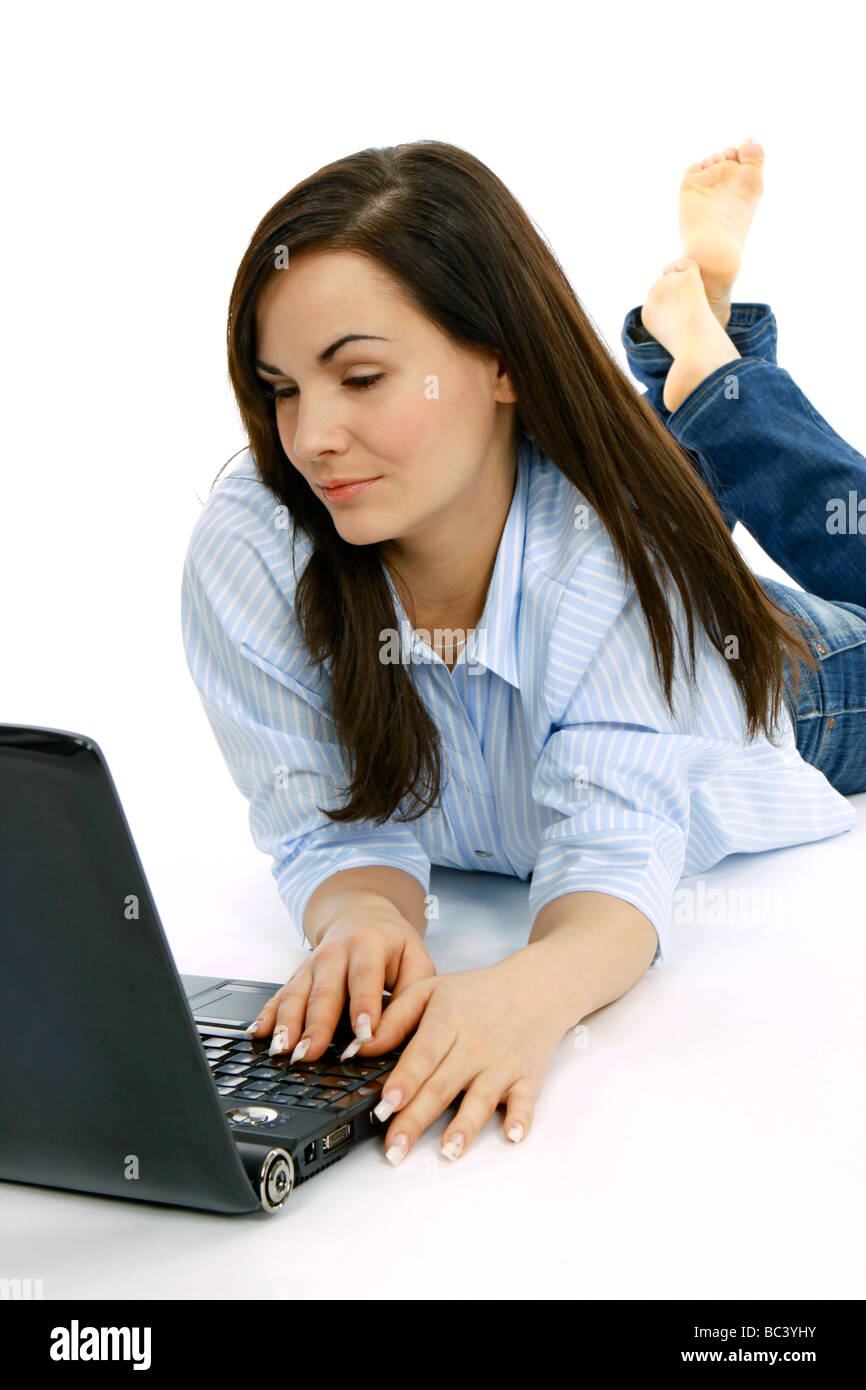 Female manager holds laptop hi-res stock photography and images - Alamy