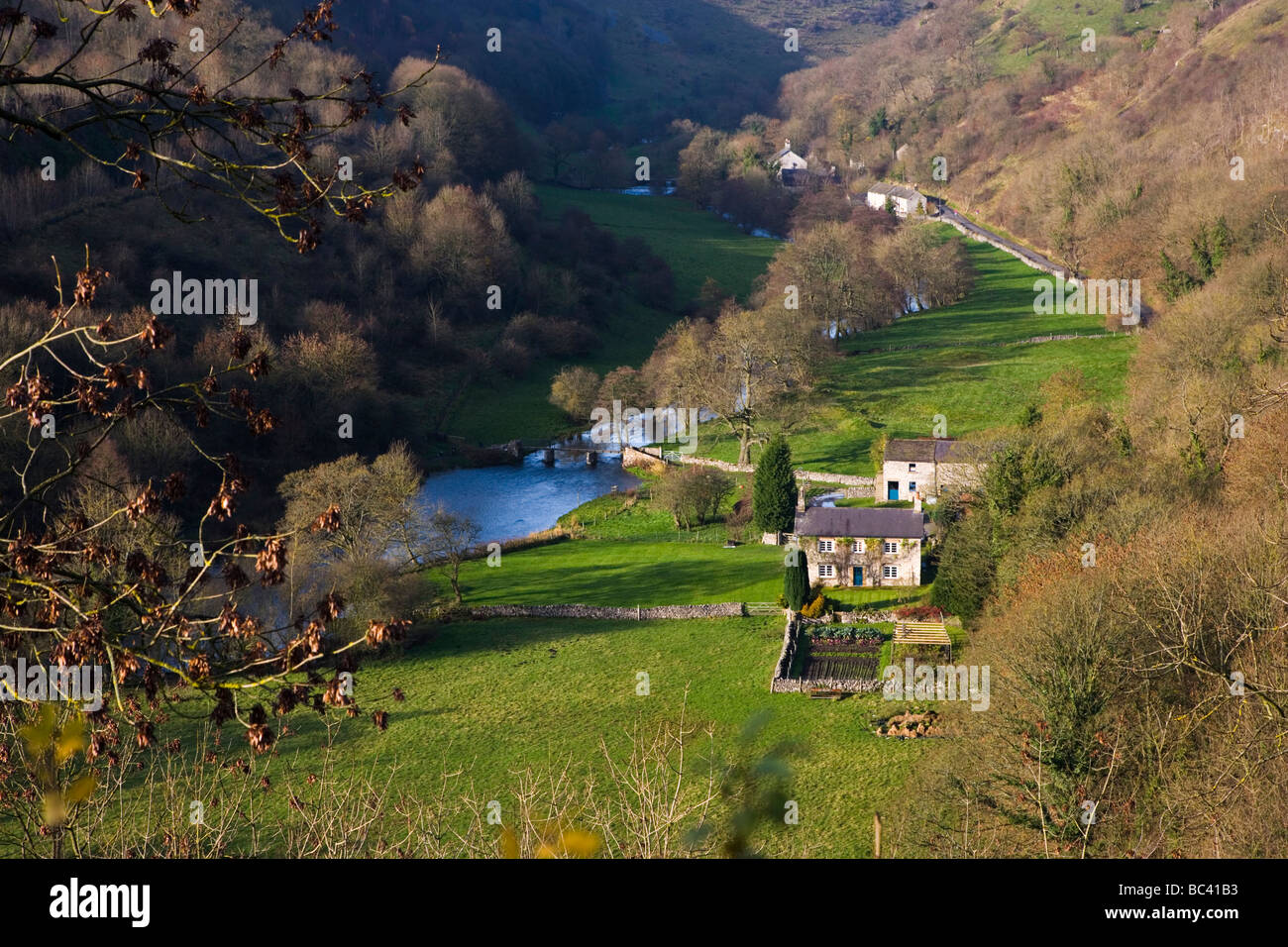 View of a Farmhouse alongside the River Wye in Monsal Dale below Monsal ...